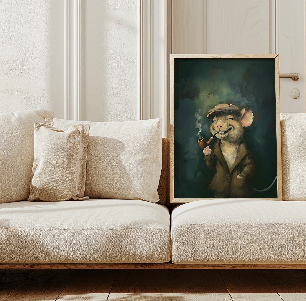 Charming Mouse Smoking a Pipe Oil Painting Mouse Portrait Wall Art ...