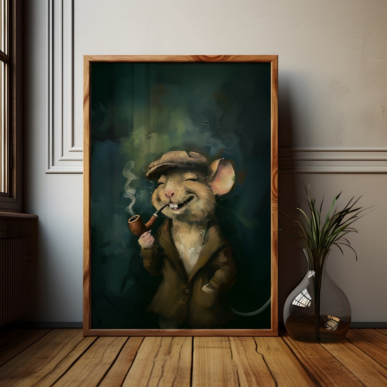 Charming Mouse Smoking a Pipe Oil Painting Mouse Portrait Wall Art ...