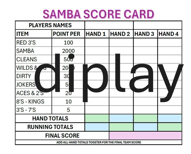 Samba Score Card - Etsy