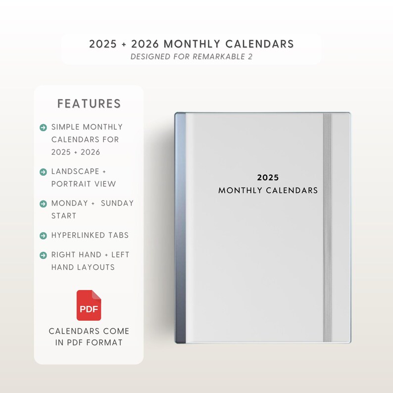 Monthly Calendars for Remarkable 2 | Minimalist | 2025 + 2026 | Right ...