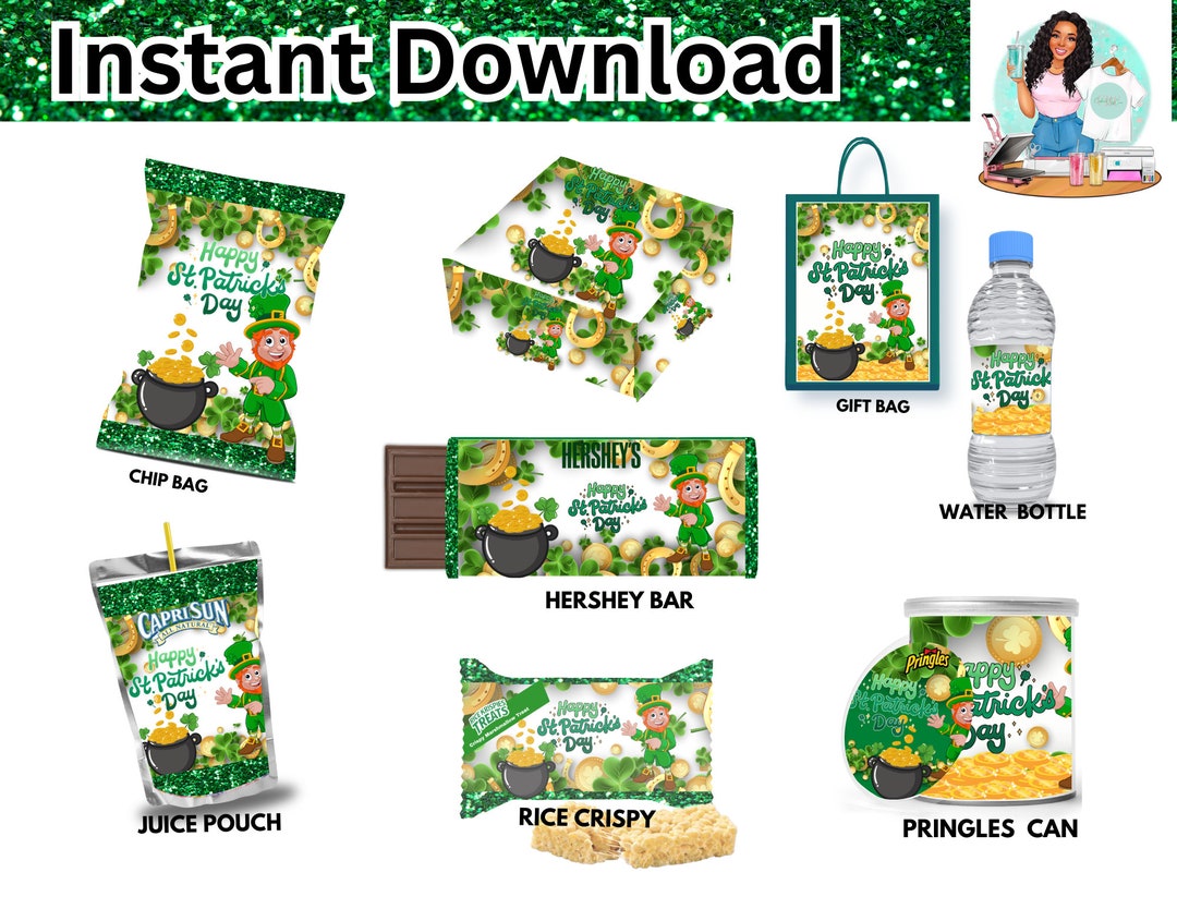 St. Patrick's Day Digital Chip Bags Water Bottle Party Box Canva ...