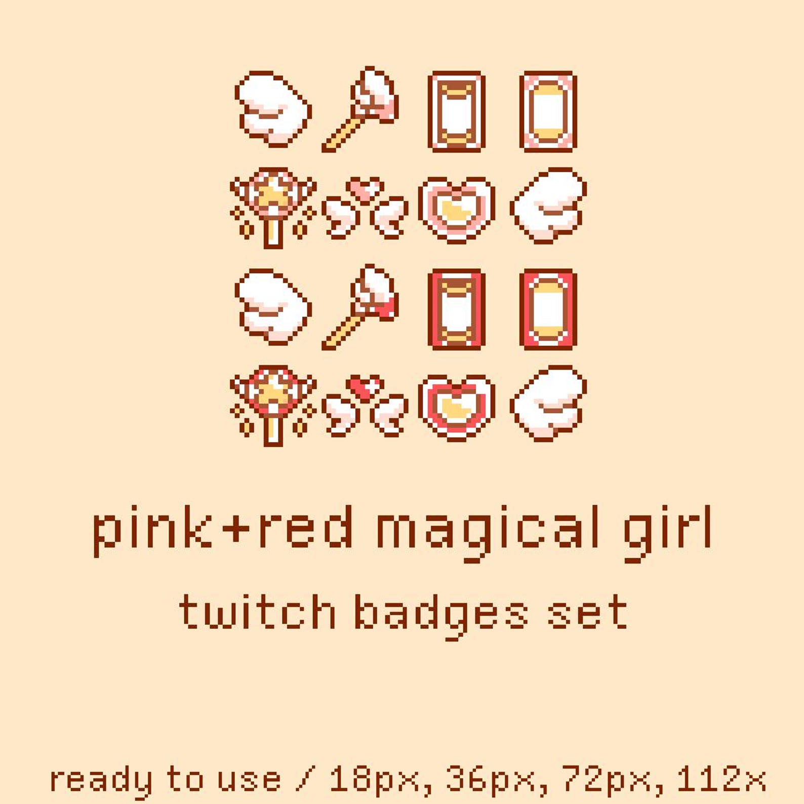 Pink+red Magical Girl Pixel Twitch Sub Bit Badges, Twitch Stream Emotes ...
