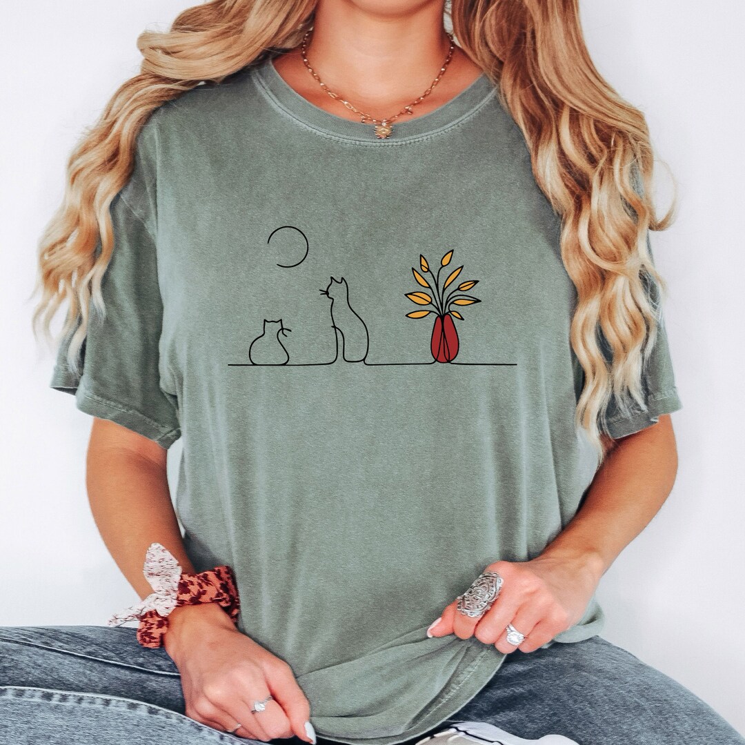 Whimsical Cats and Floral Vase Line Art Tee Minimalist Moon Graphic T-shirt for Casual & Boho ...