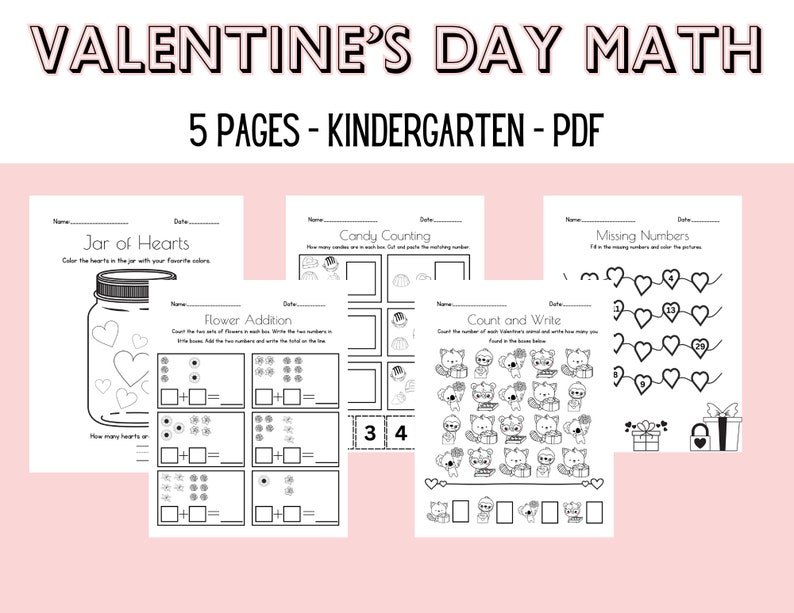 Valentine's Day Printable Worksheets - Math - Kindergarten - Instant ...