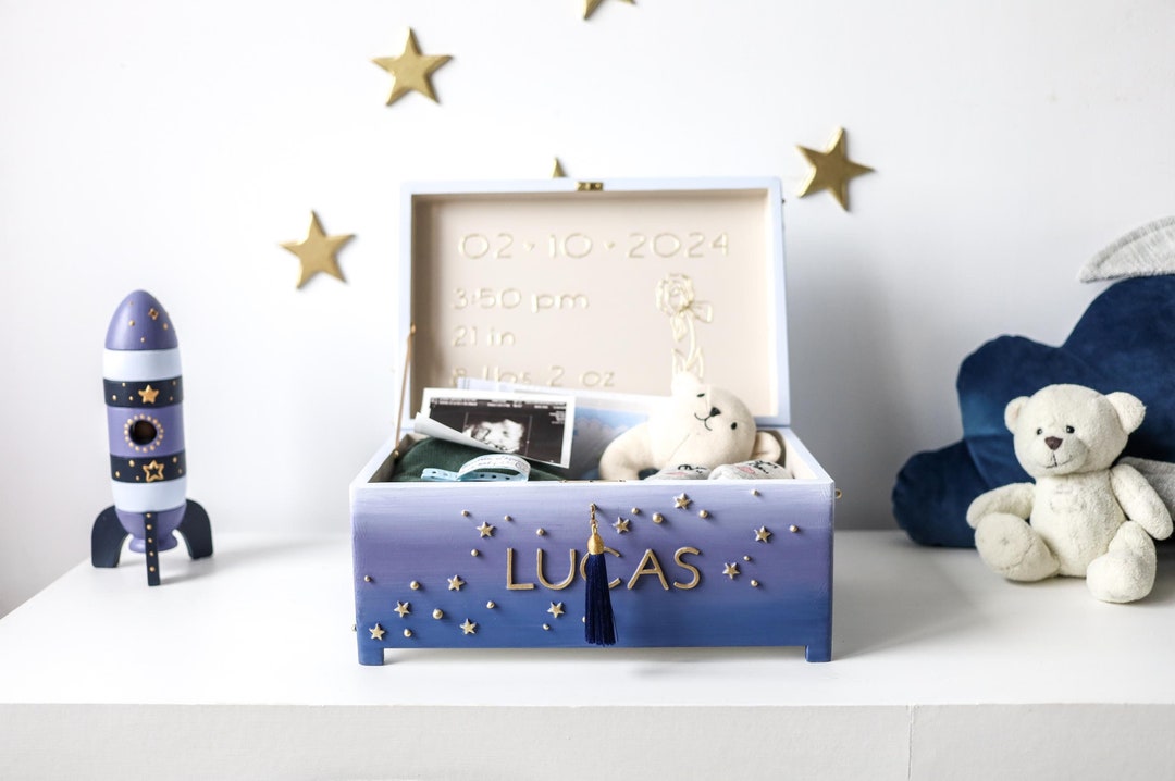 Personalized Baby Keepsake Box, Blue Baby Memory Box, Time Capsule ...