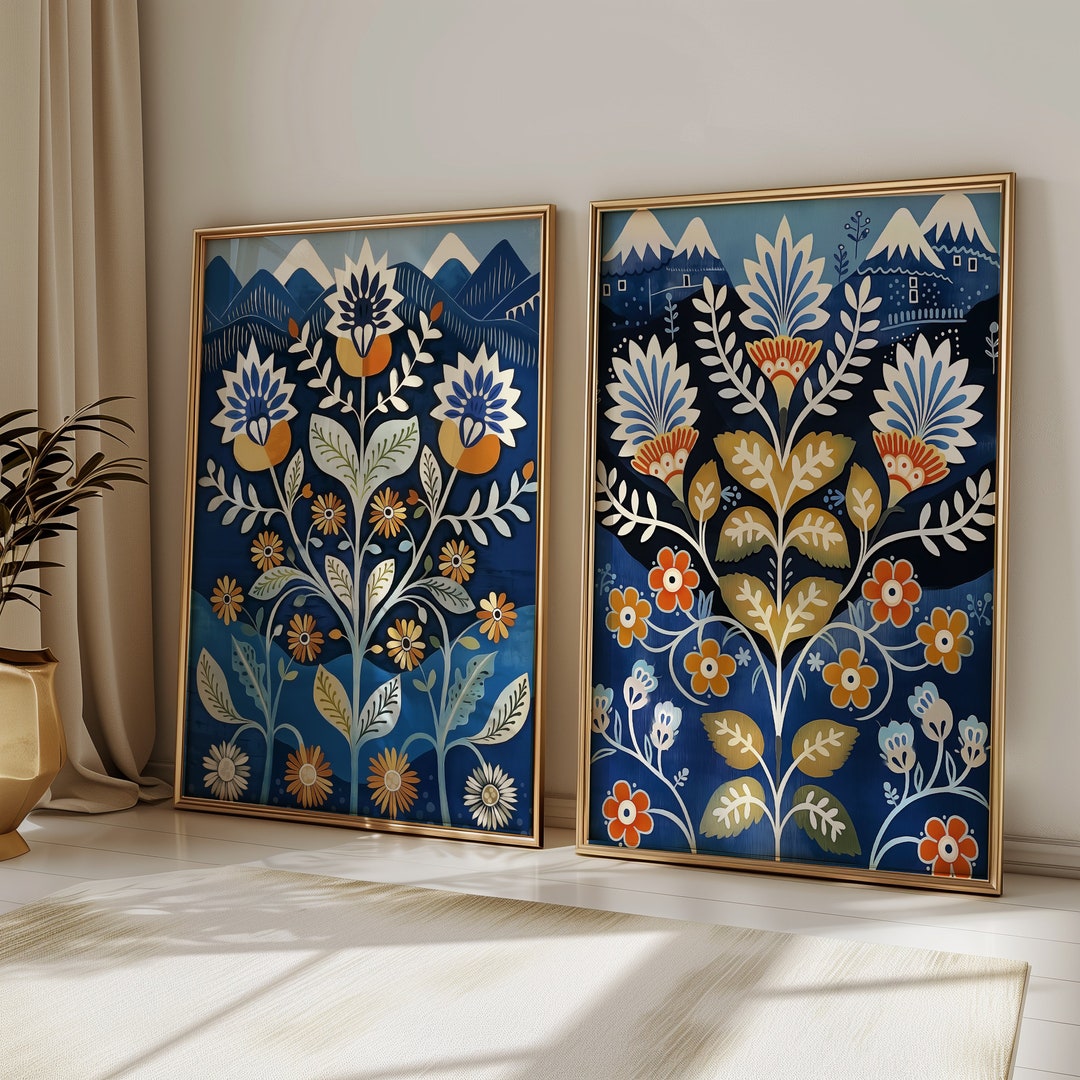 Scandinavian Art Norway Folk Art Floral Print Set of 2 Nordic Wall Art ...