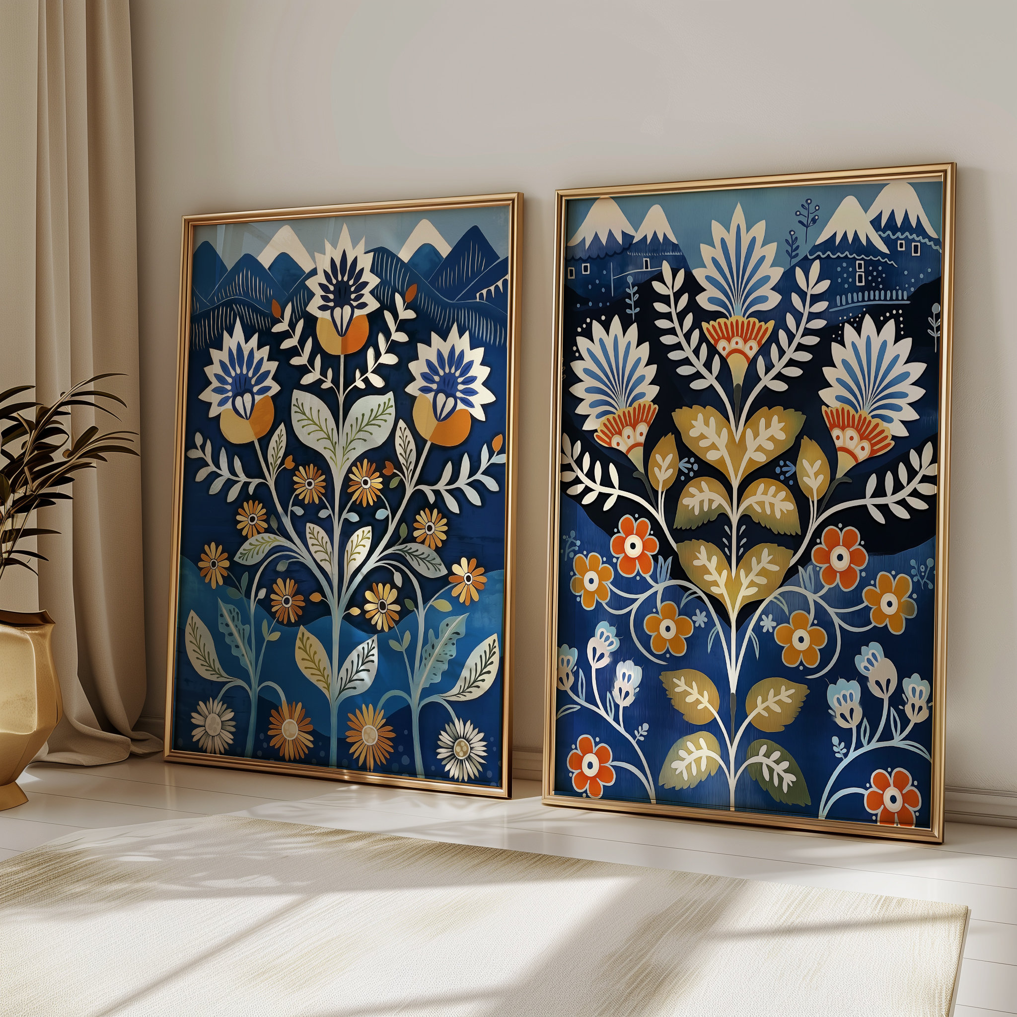Scandinavian Art Norway Folk Art Floral Print Set of 2 Nordic Wall Art ...