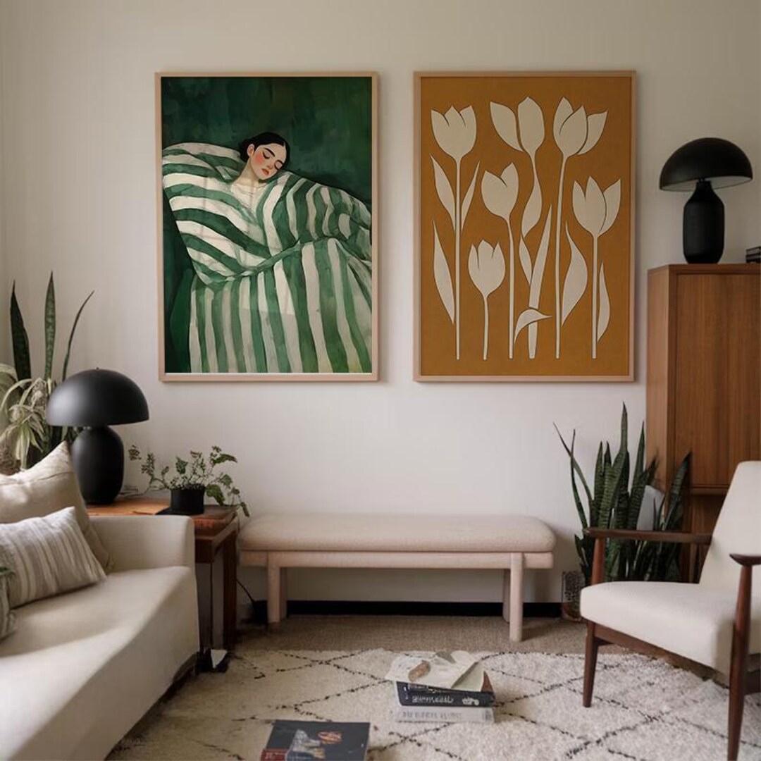 Abstract Woman Wall Art, Green Spring Decor Print, Minimalist Tulip ...