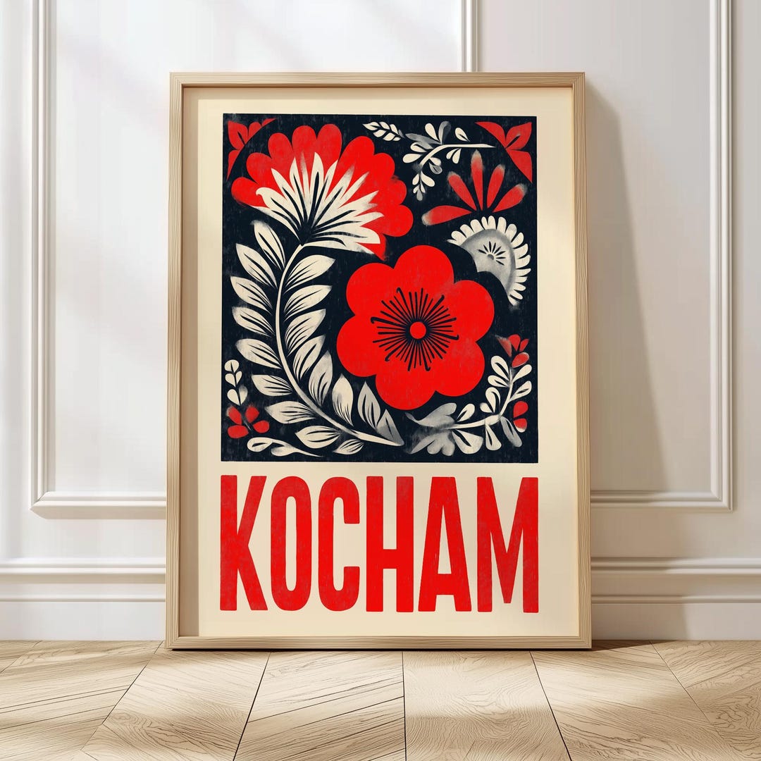 Polish Folk Art Print, Red and Black Floral Wall Art, Vintage ...