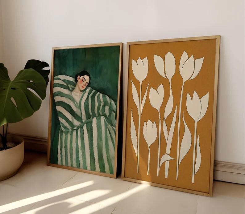 Abstract Woman Wall Art, Green Spring Decor Print, Minimalist Tulip ...