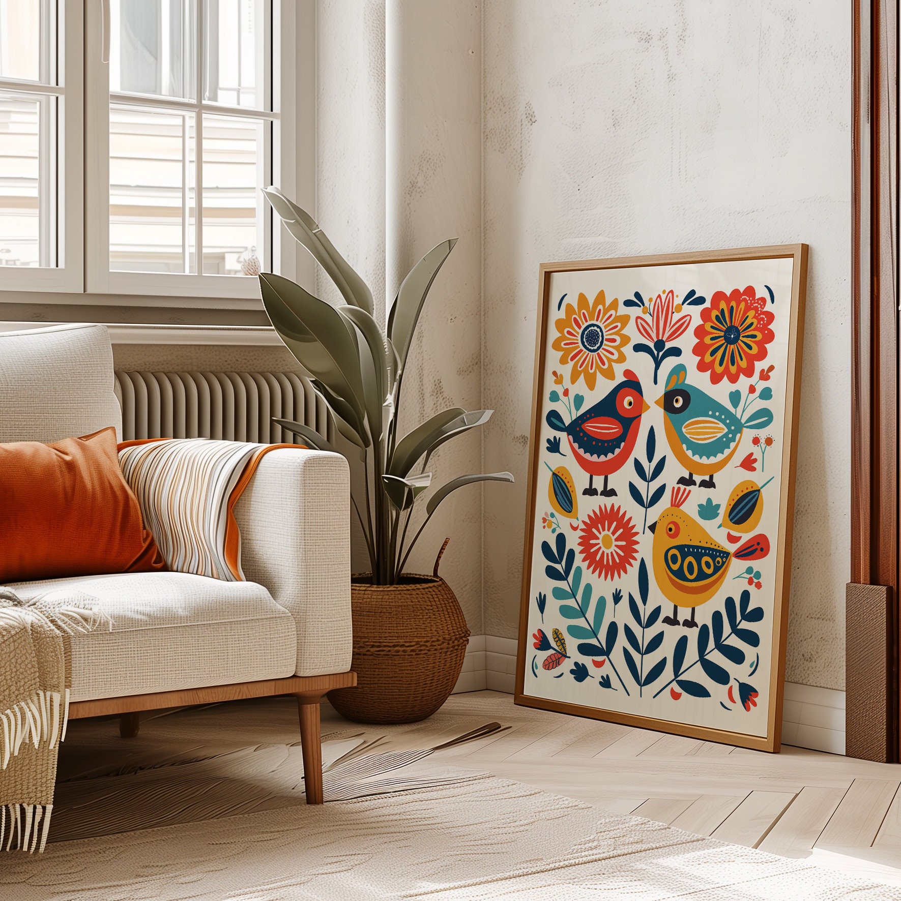 Norwegian Folk Art Floral Bird Print Kitchen Wall Art Scandi Bedroom ...