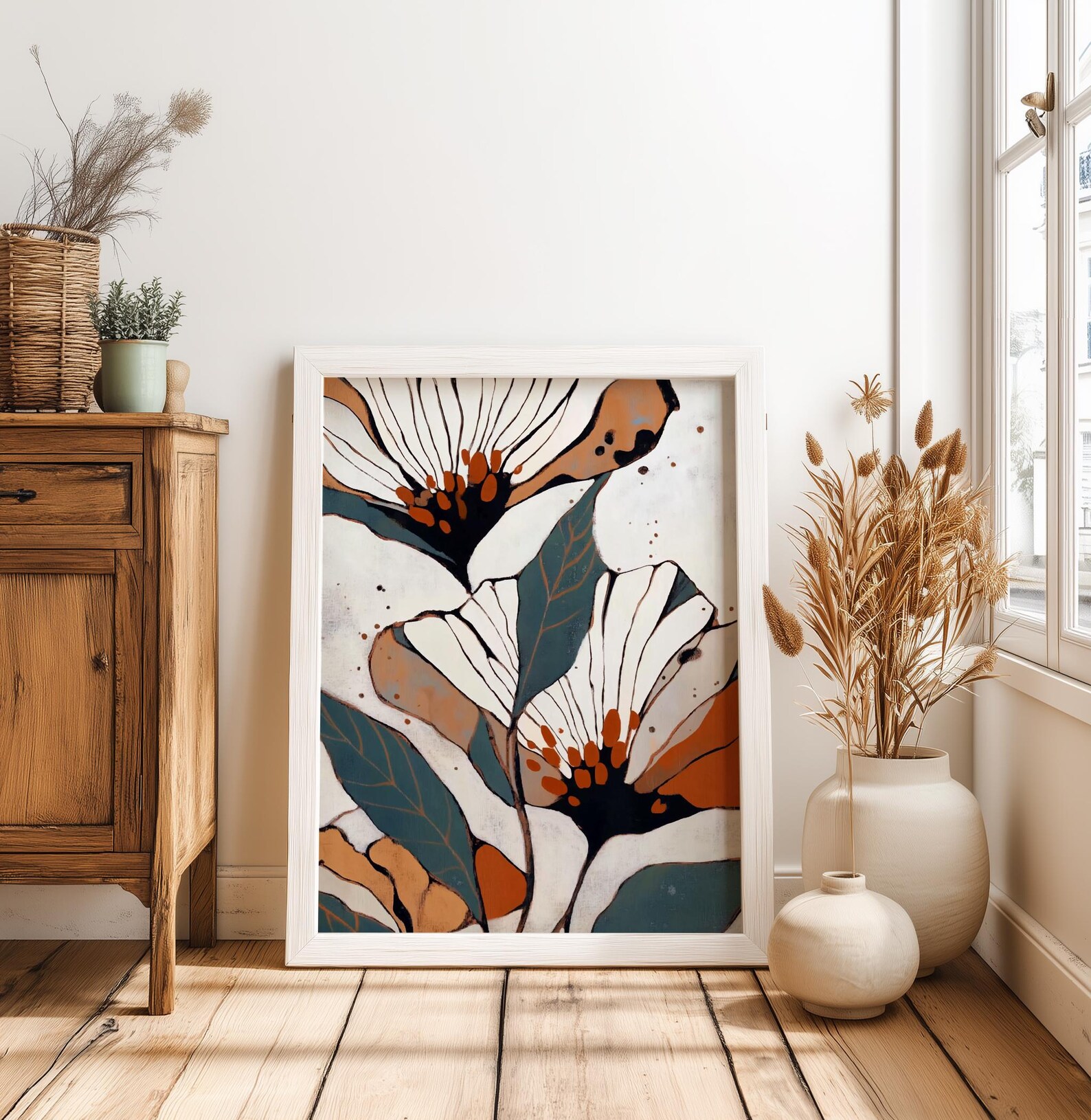 Abstract Botanical Wall Art Earth Tone Flower Print in Terracotta and ...