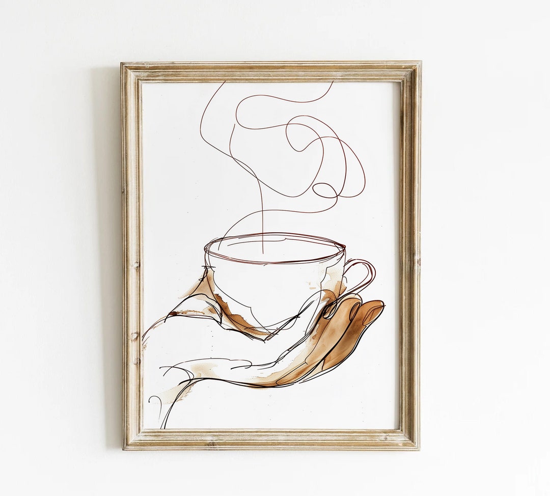 Coffee Line Art Print Abstract Cafe Decor Black on Beige Minimal Cafe ...