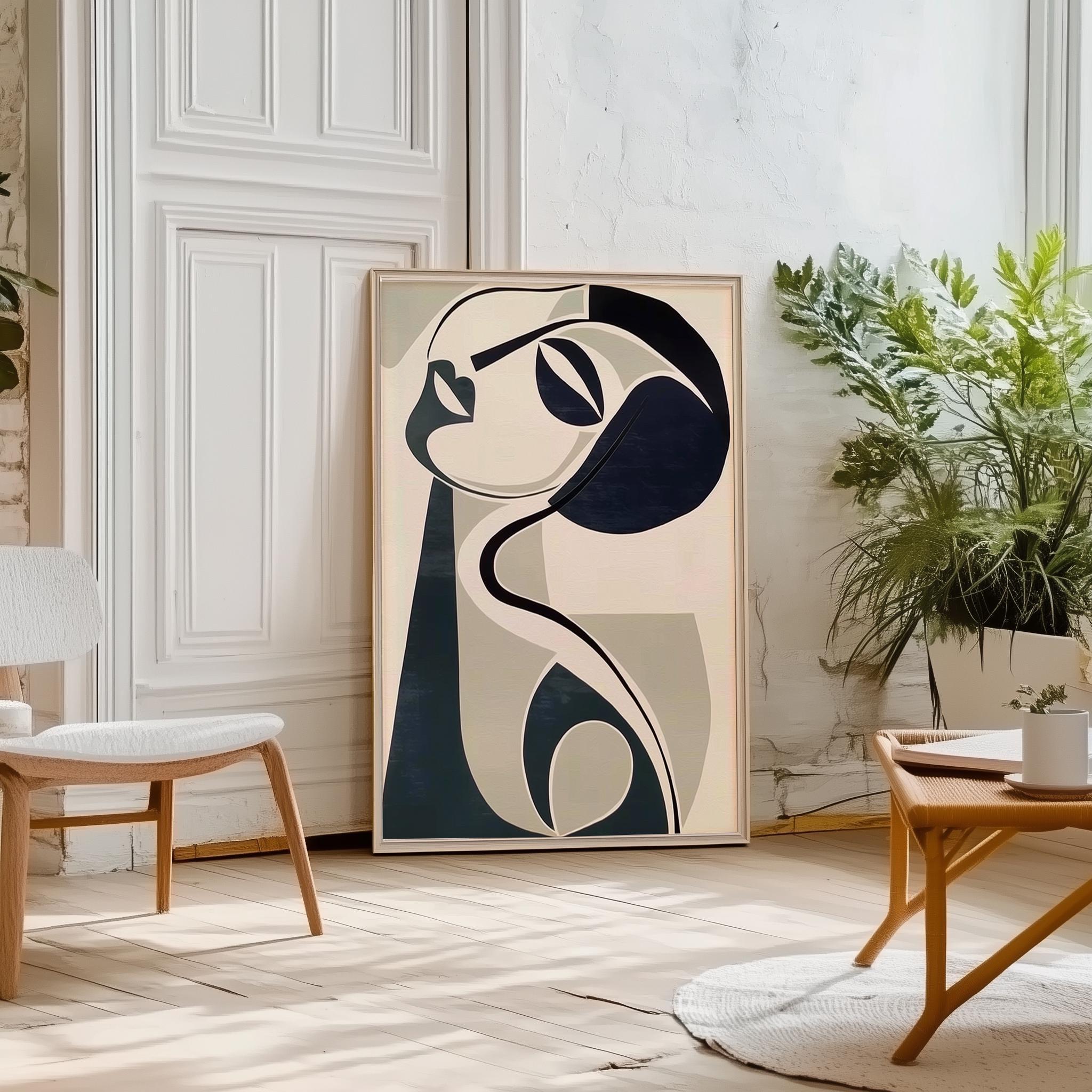 Abstract Art Poster Cubism Wall Art Women's Face Print Beige and Black ...
