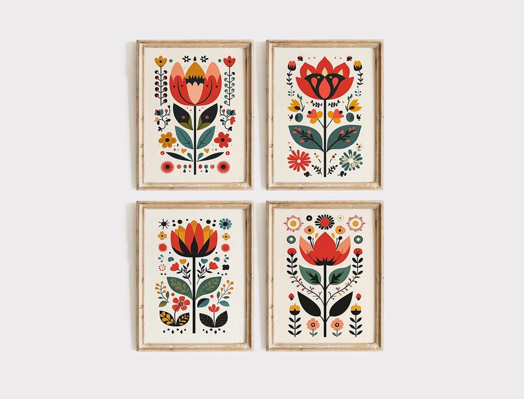 Scandinavian Art Norwegian Folk Art Floral Print Set of 4 Nordic Prints ...