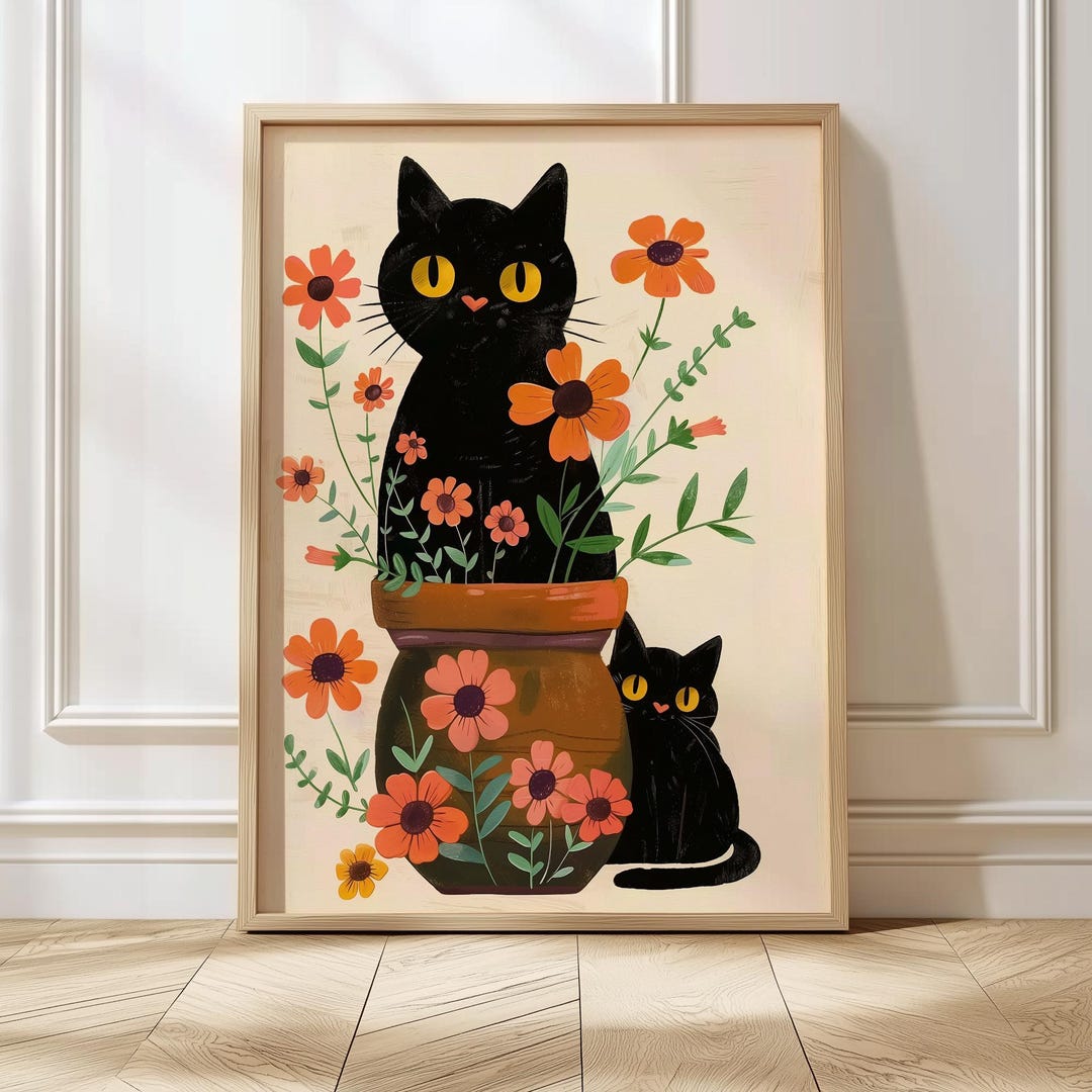 Black Cat Wall Art Printable | Cute Cat and Flower Pot Print ...