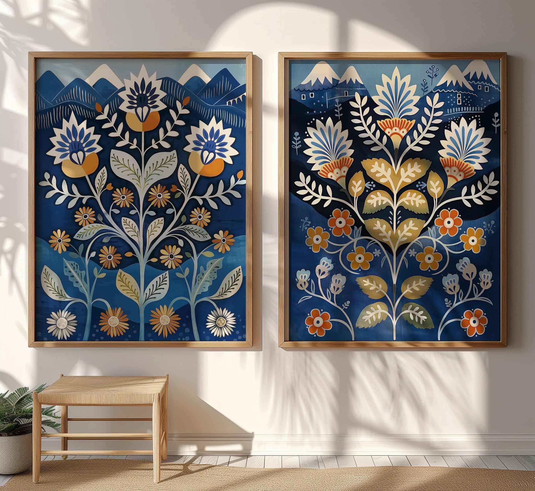 Scandinavian Art Norway Folk Art Floral Print Set of 2 Nordic Wall Art ...