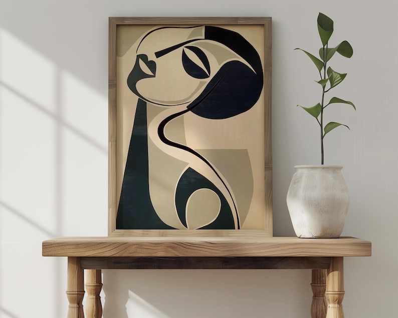 Abstract Art Poster Cubism Wall Art Women's Face Print Beige and Black ...