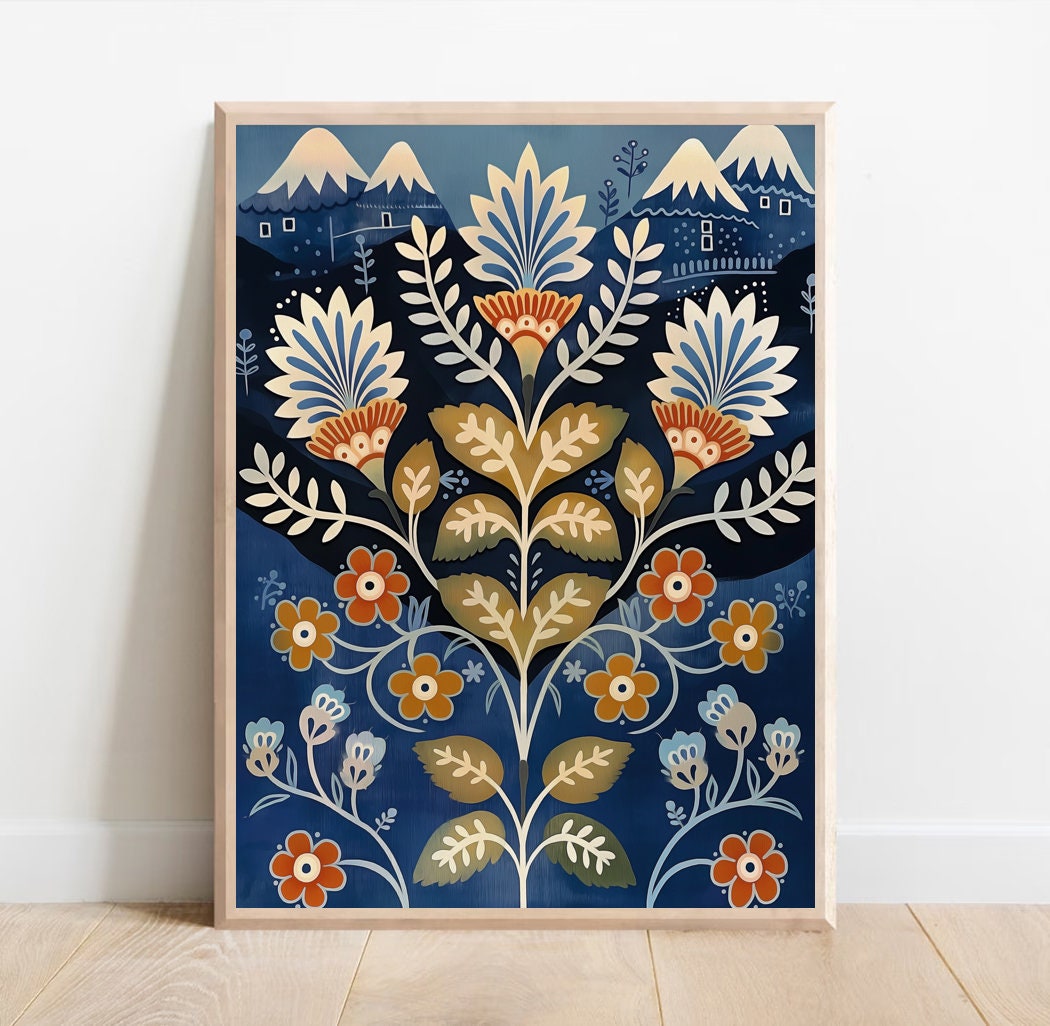Scandinavian Art Norway Folk Art Floral Print Set of 2 Nordic Wall Art ...