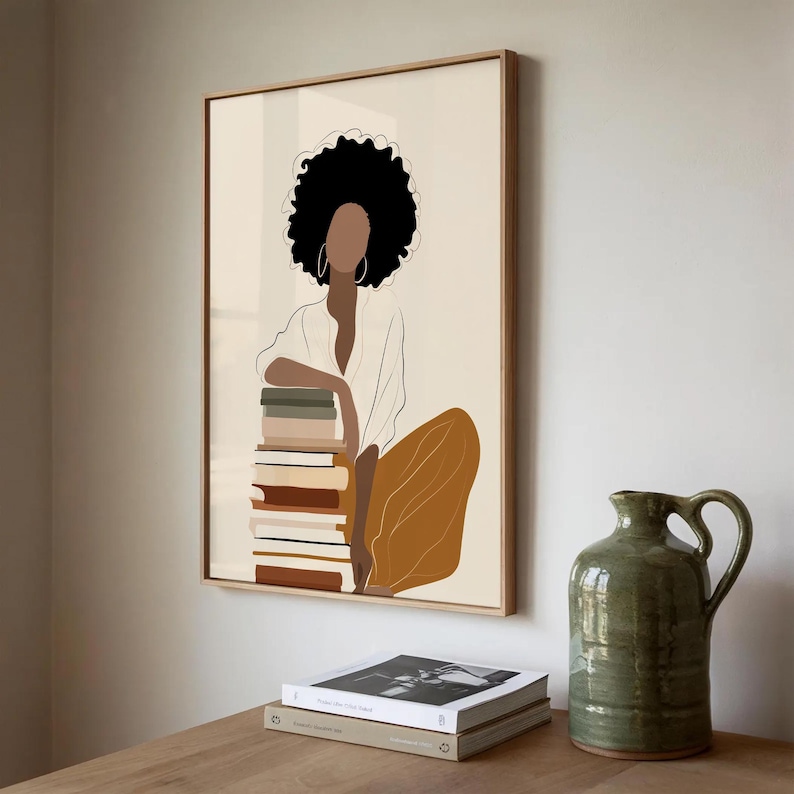 Black Woman Wall Art Print, Afrocentric Book Lover Decor, Minimalist ...