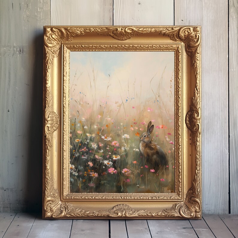 Spring Bunny Rabbit Printable, Wildflower Field Art Print, Vintage ...