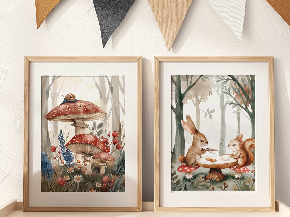 Woodland Animal Tea Party Animal Forest Prints Mushroom Art Woodland ...