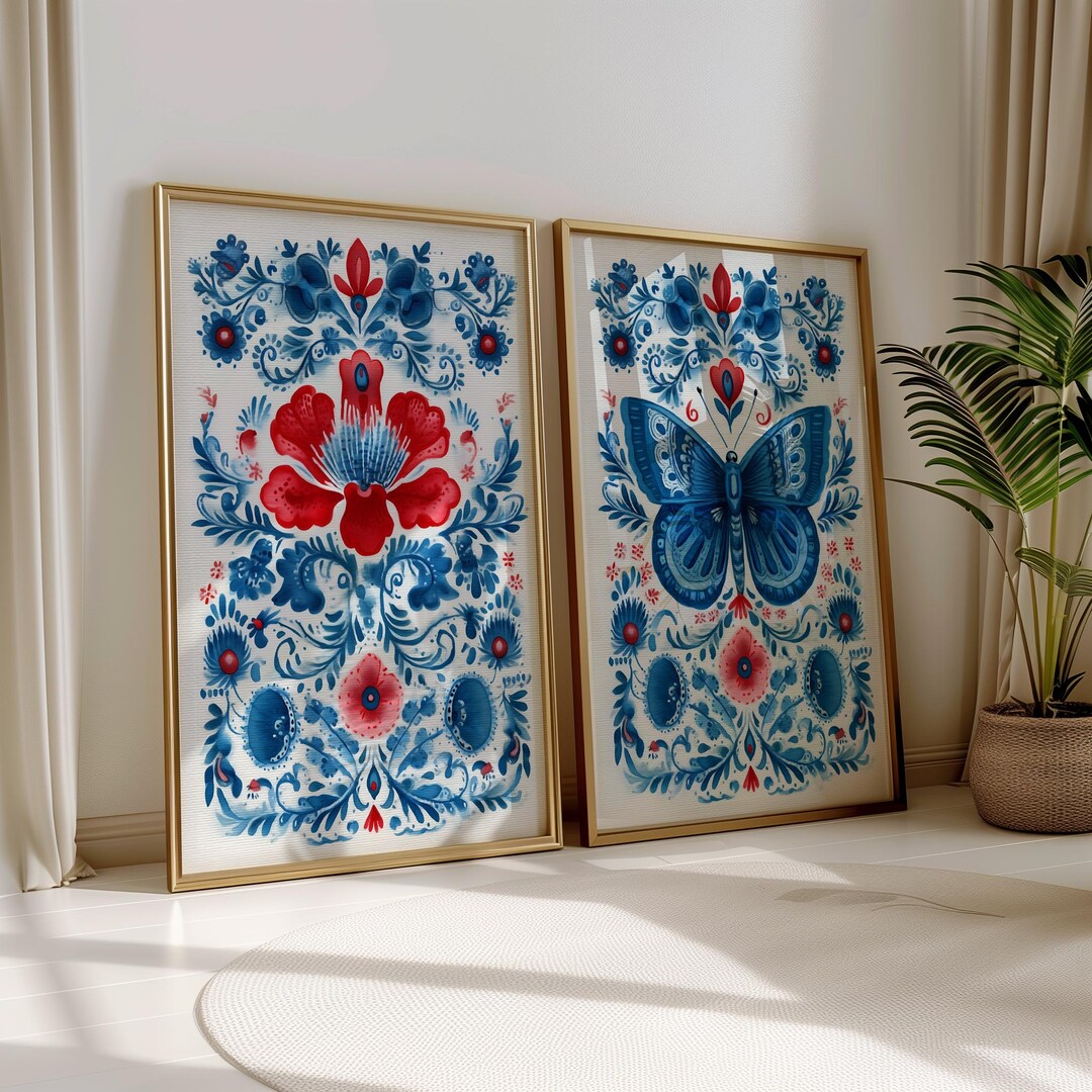 Polish Folk Art Floral Print Set of 2 Nordic Wall Art Bedroom Folk Art ...