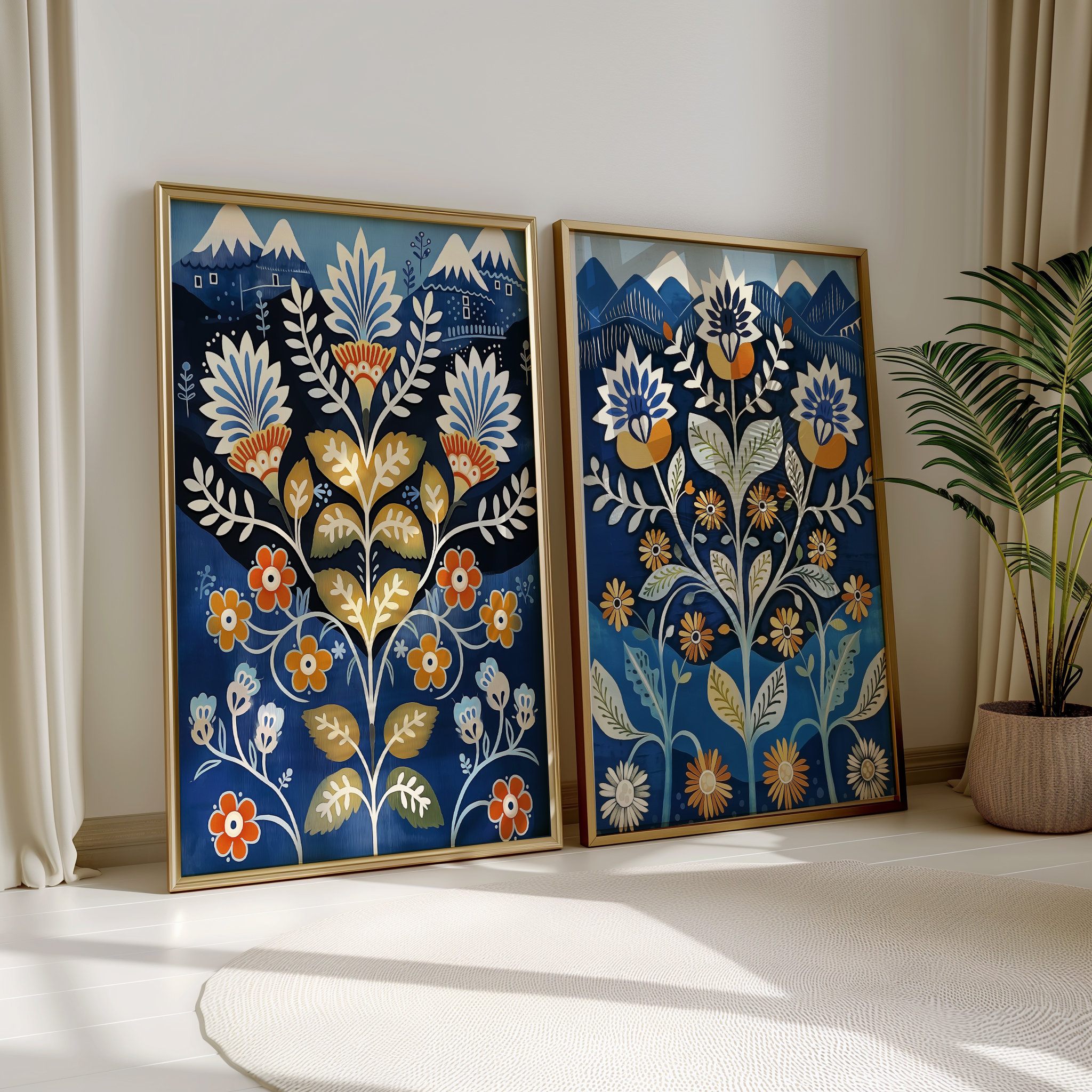 Scandinavian Art Norway Folk Art Floral Print Set of 2 Nordic Wall Art ...