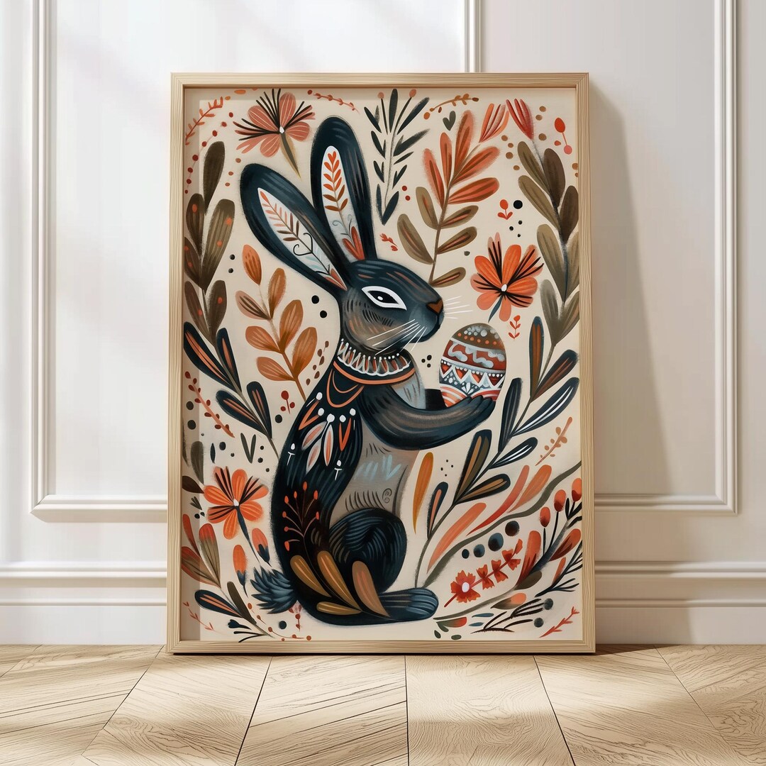 Easter Bunny Wall Art Rabbit Folk Print Hare Nature Illustration Easter ...
