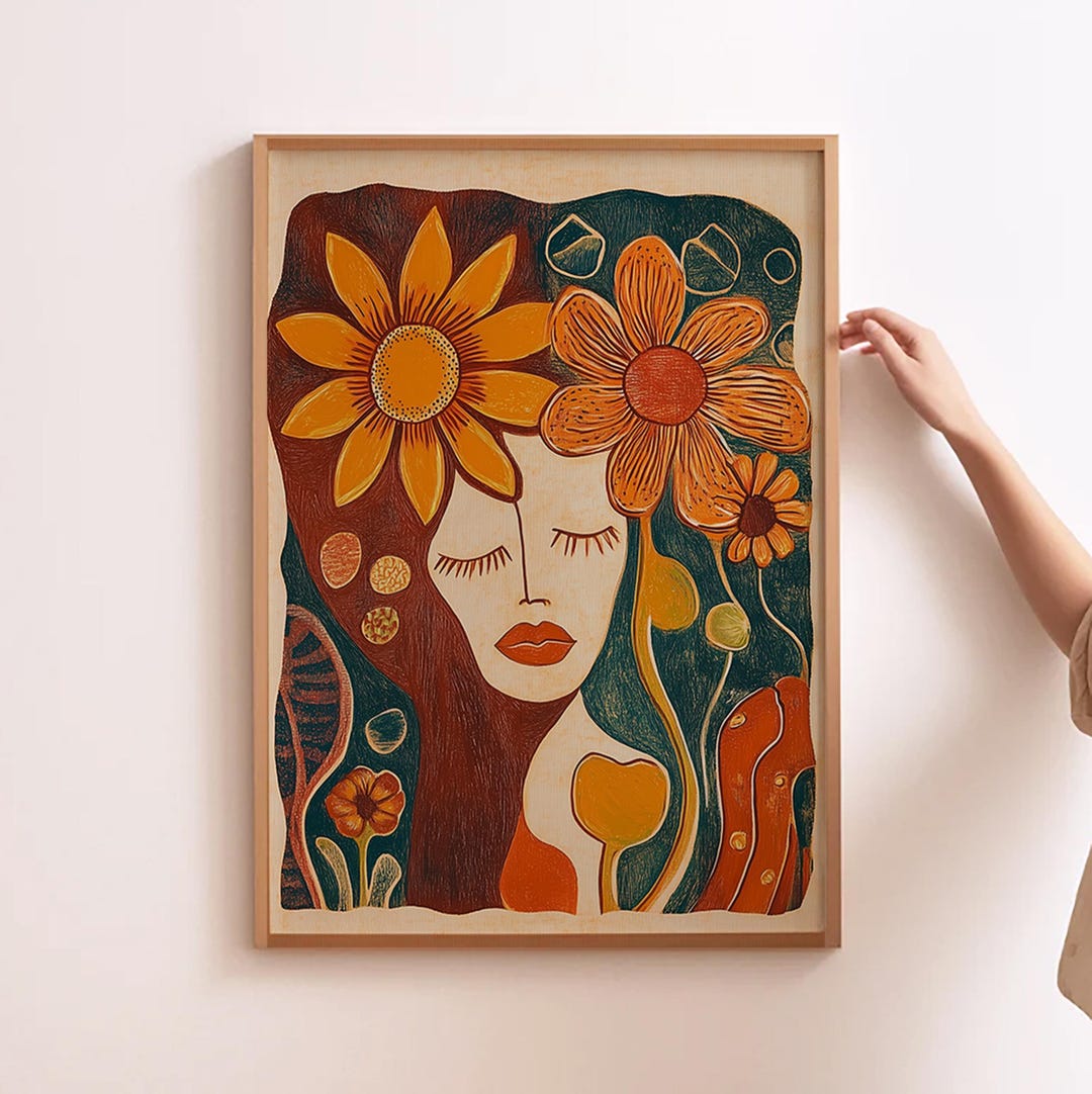 Sunflower Print Abstract Face Art Eclectic Wall Art Orange Home Decor ...