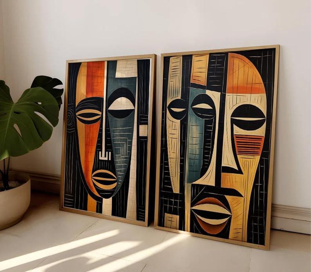 African Prints Africa Mask Wall Art Set of 2 African Painting ...
