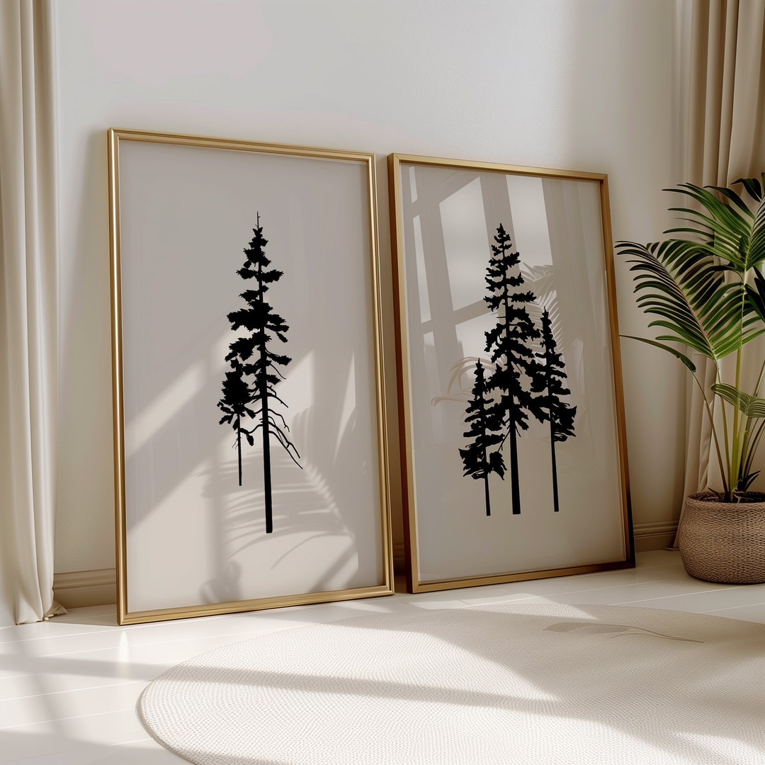 Pine Tree Prints Set of 2 Abstract Nature Art Black on Beige Minimal ...