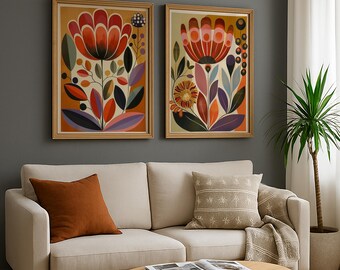 Scandinavian Art Norwegian Folk Art Floral Print Set of 2 Nordic Wall ...
