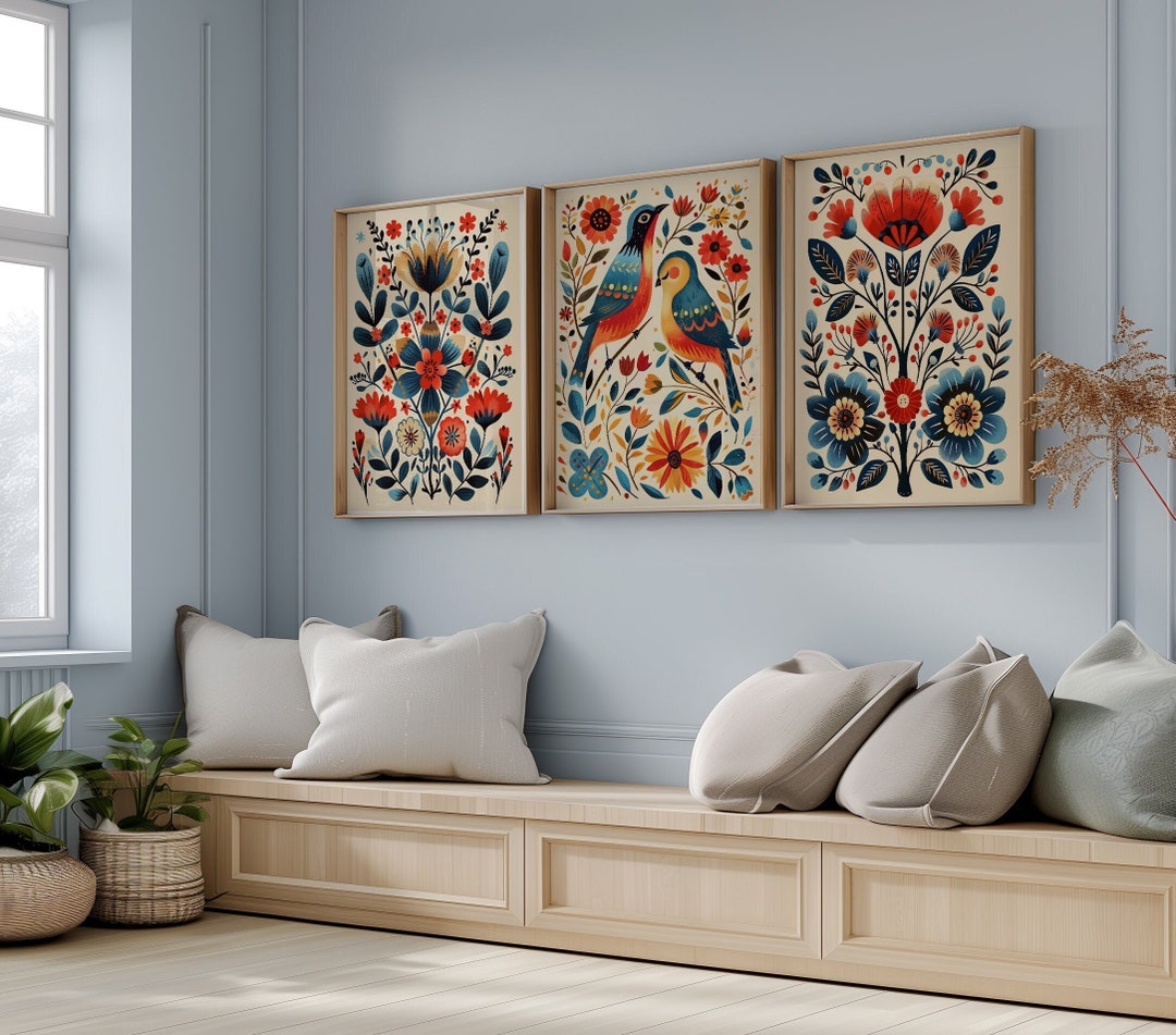 Scandinavian Art Norwegian Folk Art Floral Bird Print Set of 3 Nordic ...