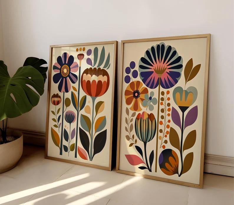 Scandinavian Wall Art Norwegian Folk Decor Floral Print Set of 2 Nordic ...