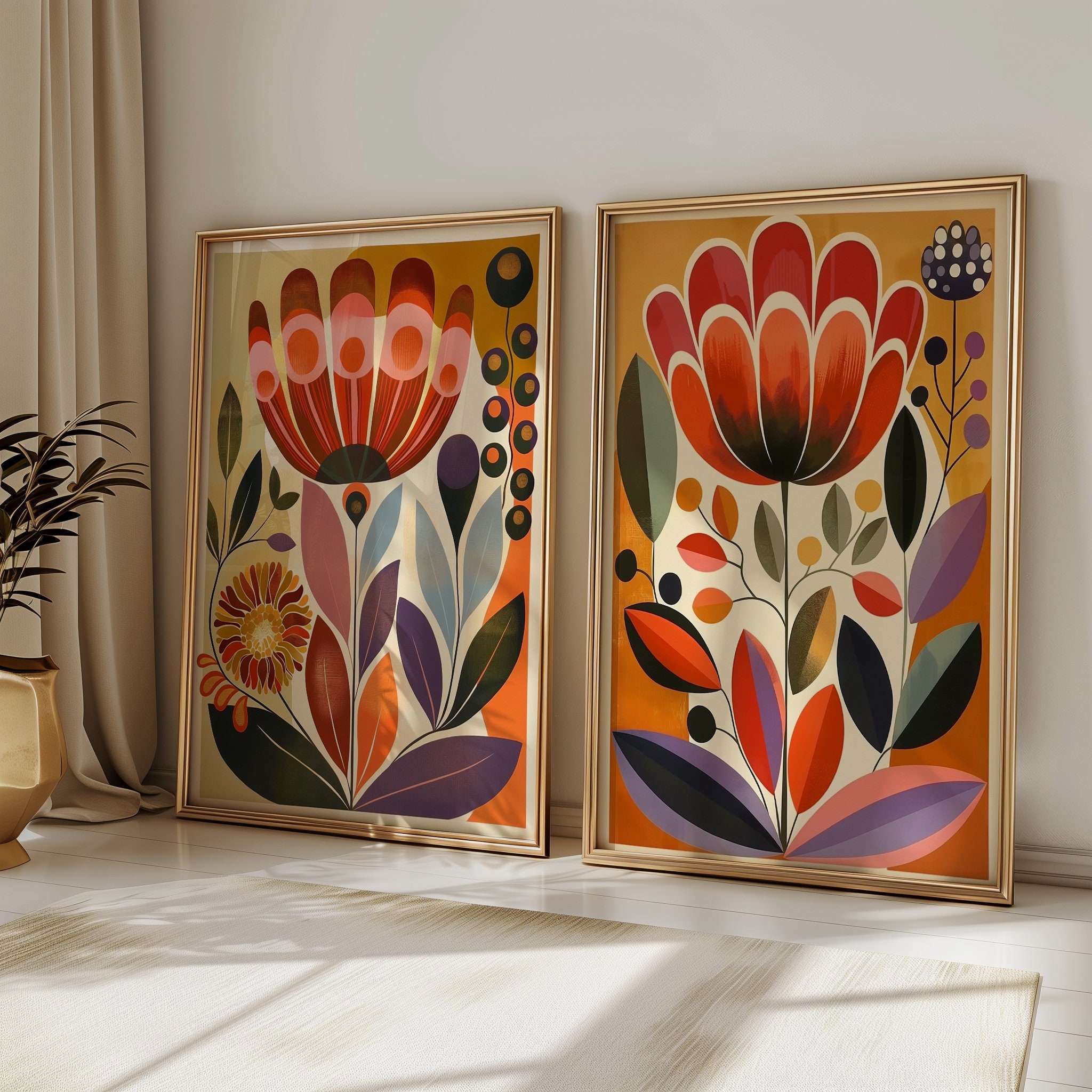 Scandinavian Art Norwegian Folk Art Floral Print Set of 2 Nordic Wall ...