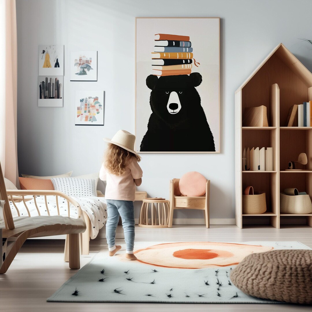 Kids Room Art, Bear With Books, Reading Corner Art, Kids Reading Prints ...