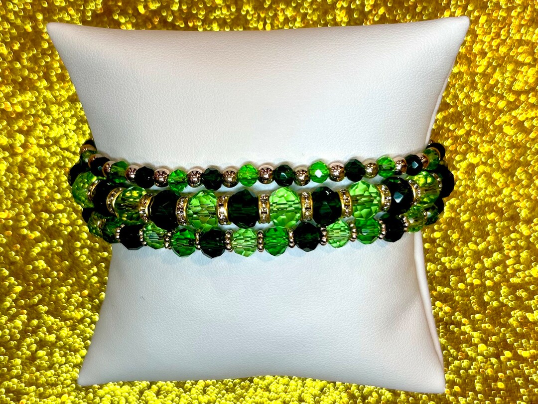 St. Patricks Day 3 Piece Beaded Bracelet Set With Green Faceted Crystal ...
