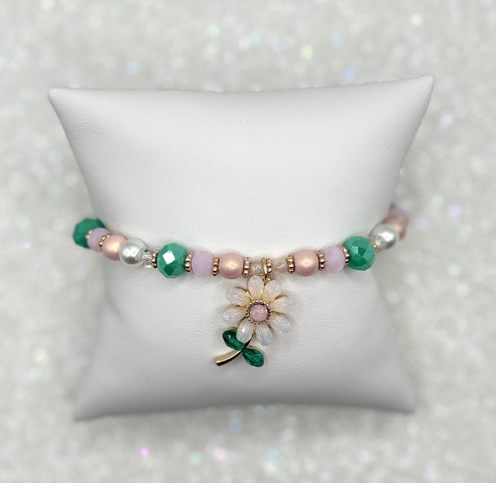 Handmade Pink and Green Glass Beaded Rhinestone Flower Charm Bracelet ...