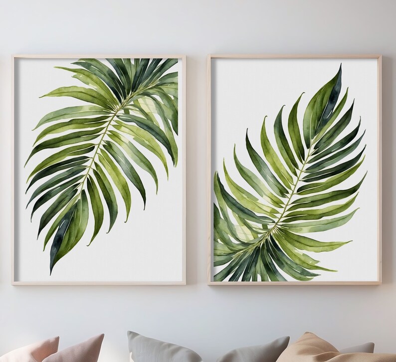 Set of 2 Tropical Palm Leaf Watercolor Art Print - Printable Green ...