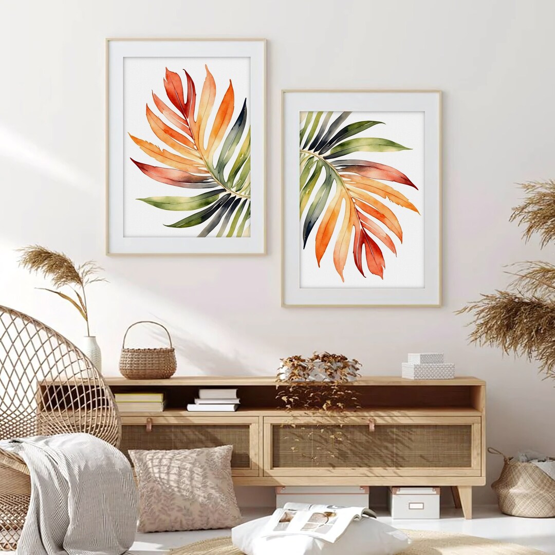 Set of 2 Watercolor Palm Leaf Prints, Tropical Wall Art, Colorful ...