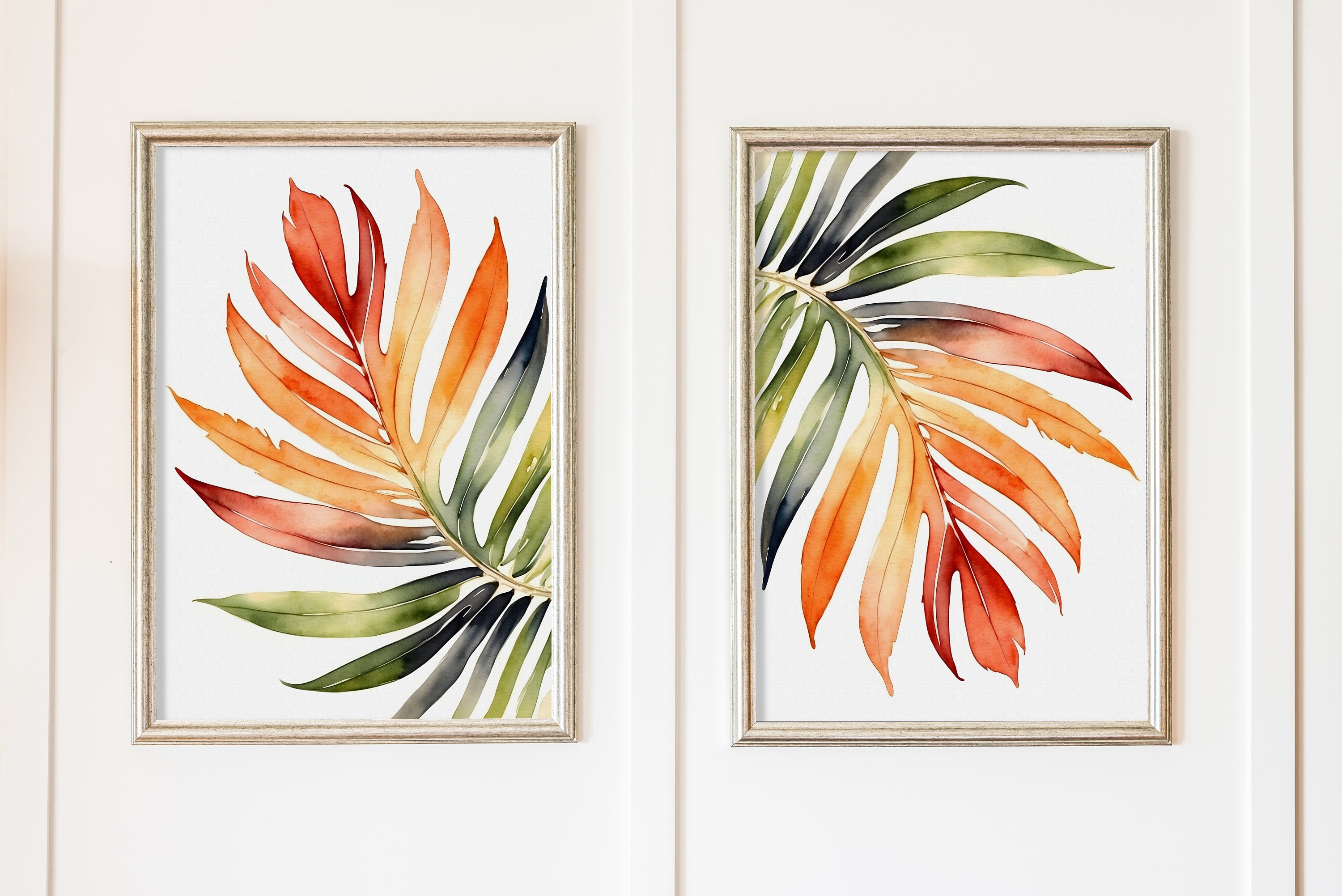 Set of 2 Watercolor Palm Leaf Prints, Tropical Wall Art, Colorful ...