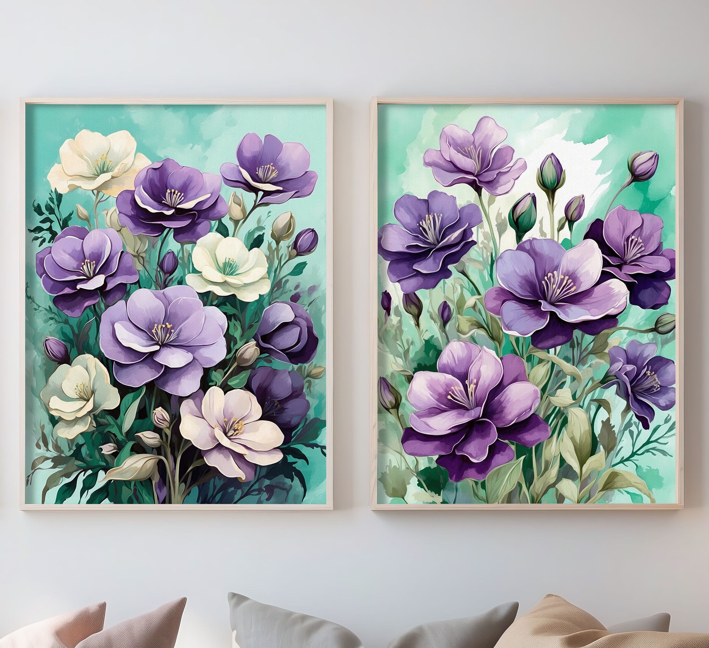 Set of Two Complementary Floral Art Prints - Vibrant Purple & Cream ...