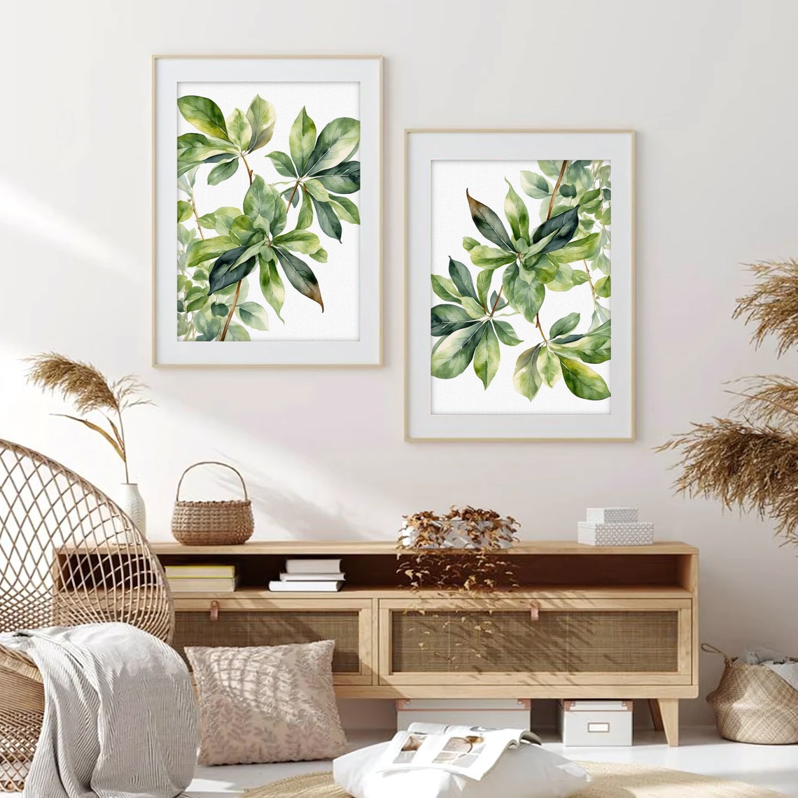 Set of 2 Botanical Leaf Prints, Printable Green Leaves Wall Art, Nature ...