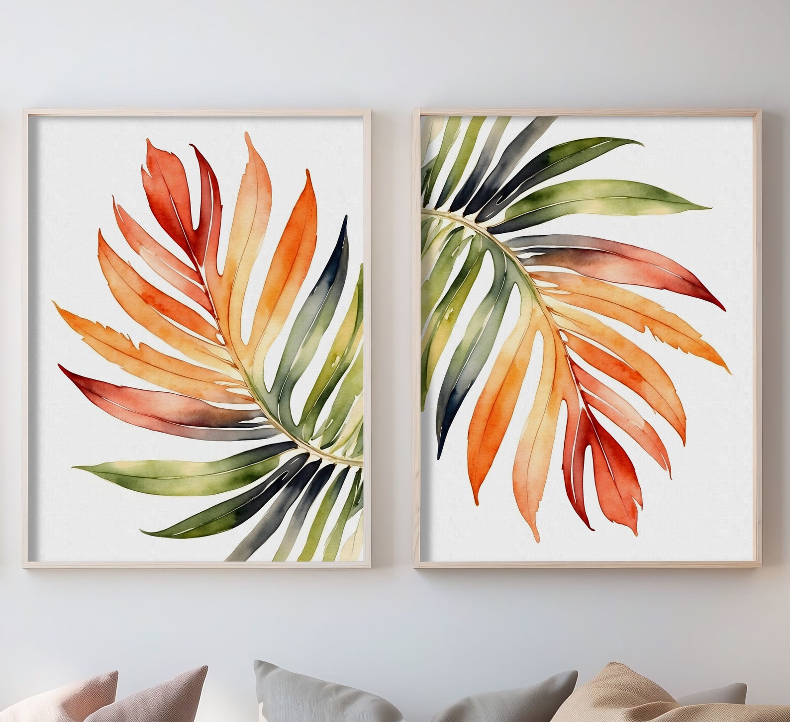 Set of 2 Watercolor Palm Leaf Prints, Tropical Wall Art, Colorful ...