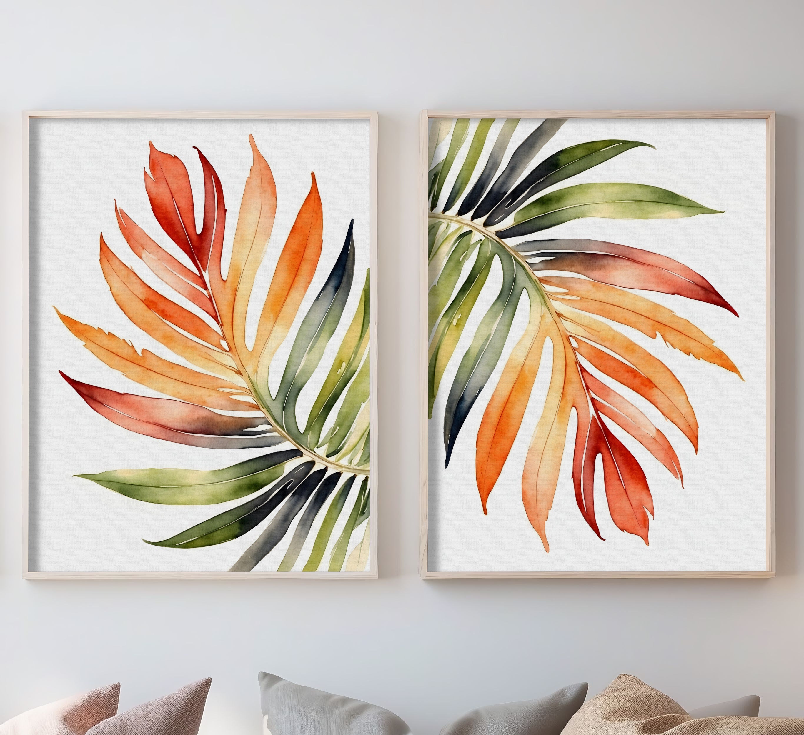 Set of 2 Watercolor Palm Leaf Prints, Tropical Wall Art, Colorful ...
