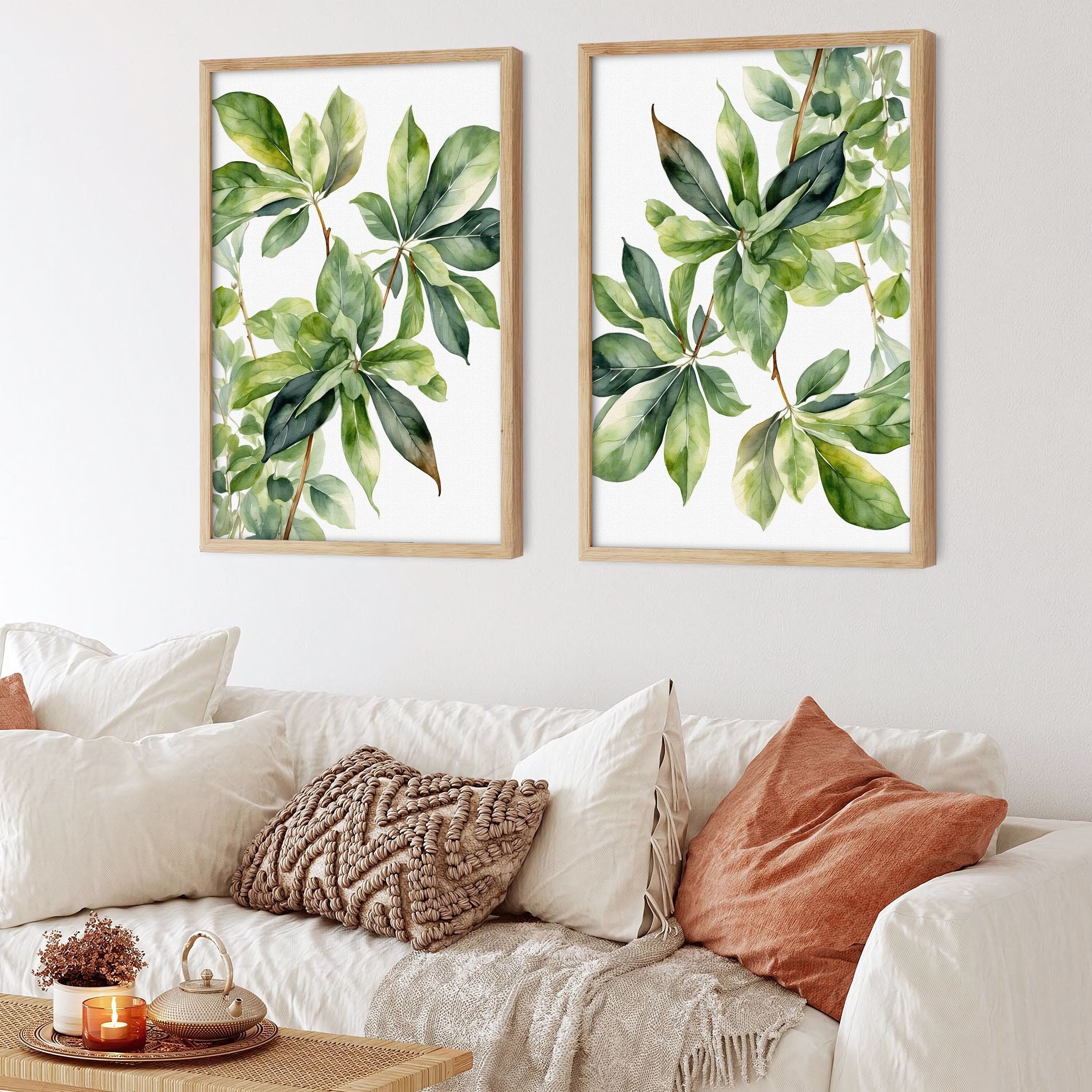 Set of 2 Botanical Leaf Prints, Printable Green Leaves Wall Art, Nature ...