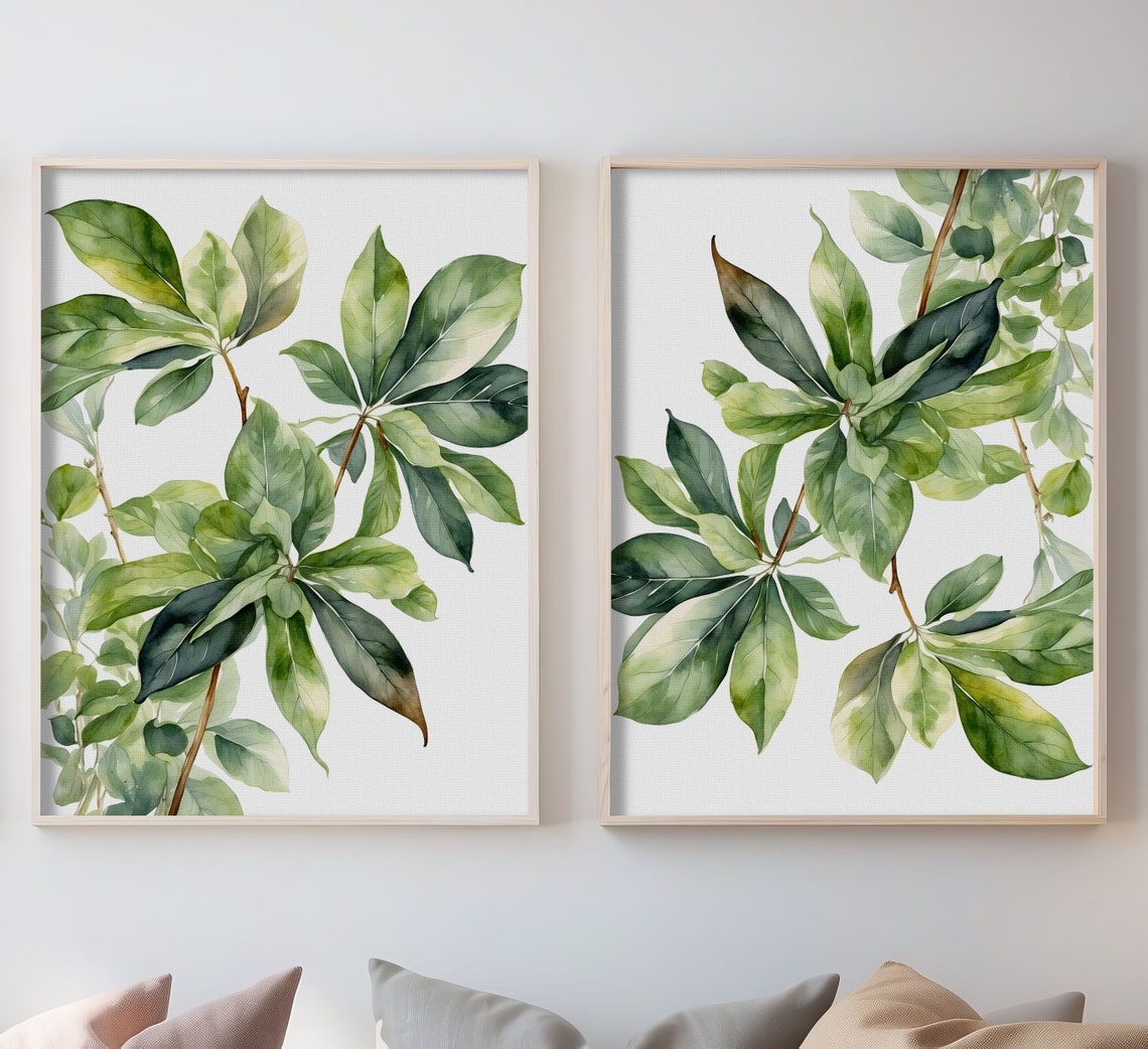 Set of 2 Botanical Leaf Prints, Printable Green Leaves Wall Art, Nature ...