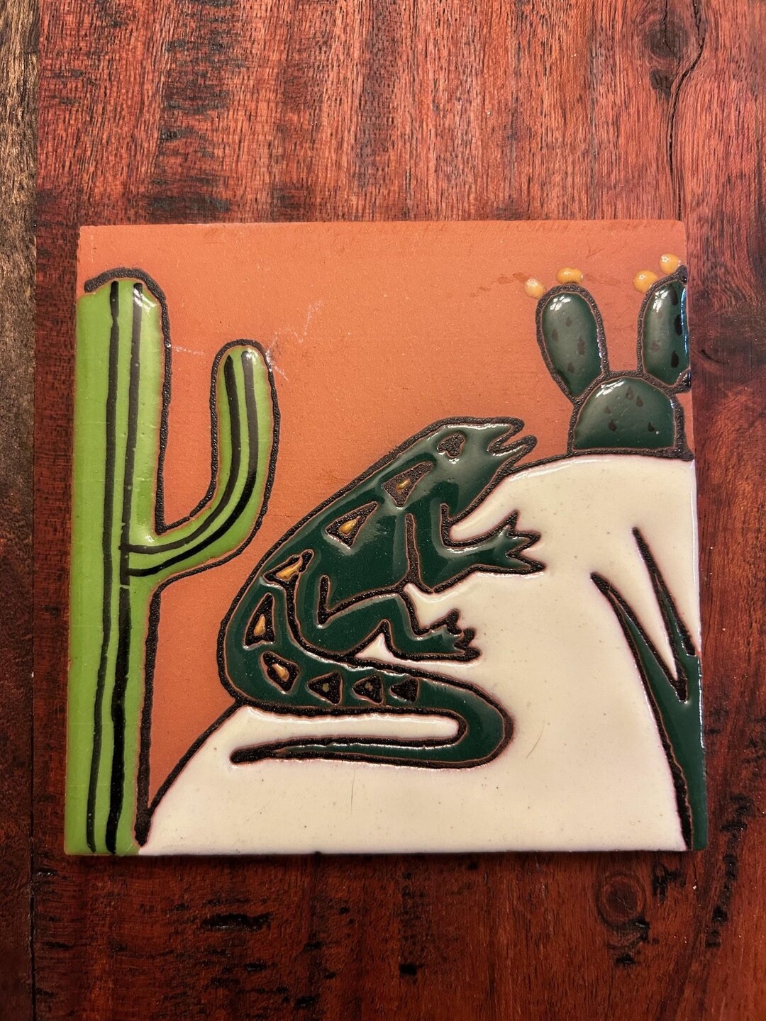 4” Square Decorative Tile With Green Gecko Lizard and Saguaro Design 29 ...