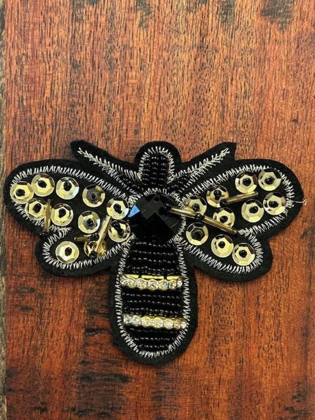 Sequined. Beaded and Rhinestone Bee Patch Emblem Applique in Black and ...